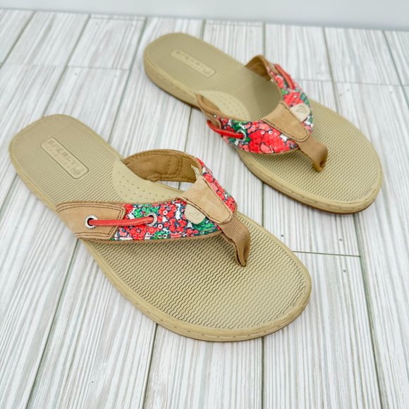 Sperry | Shoes | Sperry Topsider Leather Tan Pink Floral Sequined Flip ...
